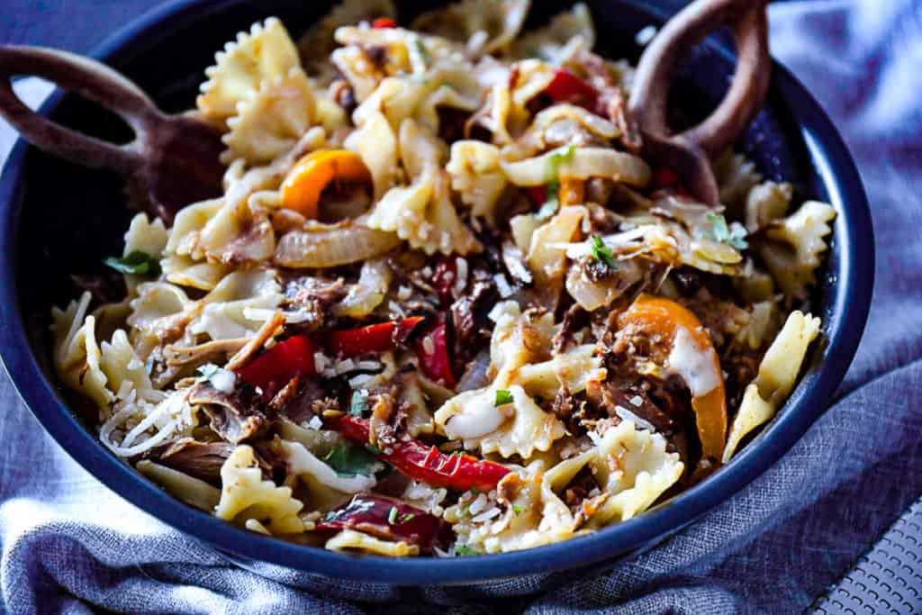 Leftover Pulled Pork Pasta with Onions And Peppers - Sip Bite Go