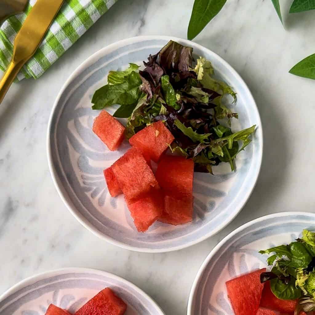 Watermelon Appetizer Salad (Mini Plates with Feta & Balsamic) - Sip Bite Go